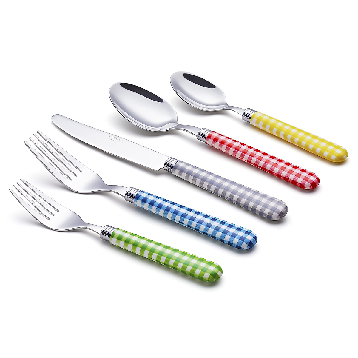 ANNOVA Silverware Set 20 Pcs Stainless Steel Cutlerty Color Handle Flatware -4xDinner Knife;4xDinner Fork;4xSalad Fork;4xDinner Spoon;4xDessert Spoon (Mix Color/Gingham Checkered Pattern)