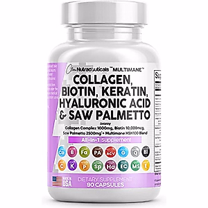 Collagen Pills 1000mg Biotin 10000mcg Keratin Saw Palmetto 2500mg Hyaluronic Acid - Hair Skin and Nails Vitamins and DHT Blocker with Vitamin E Folic Acid Pumpkin Seed MSM Made in USA - 90 Count