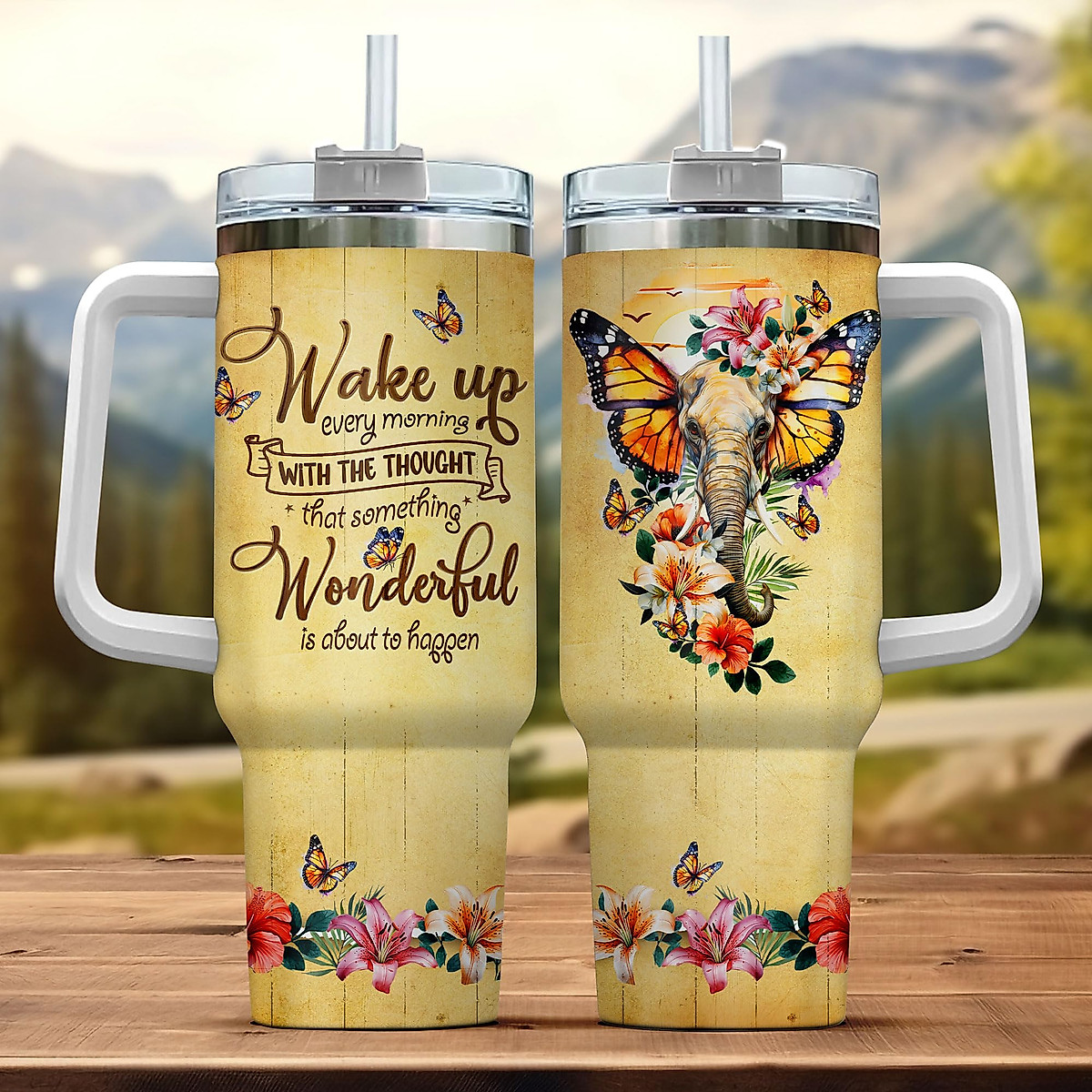 99OWL Elephant Hibiscus Tropical Floral, Elephant Gifts, Women Handle Tumblers Yellow For Butterfly Coffee Adults Funny Flower, Tumbler 40 Oz With Handle Lid And Straw