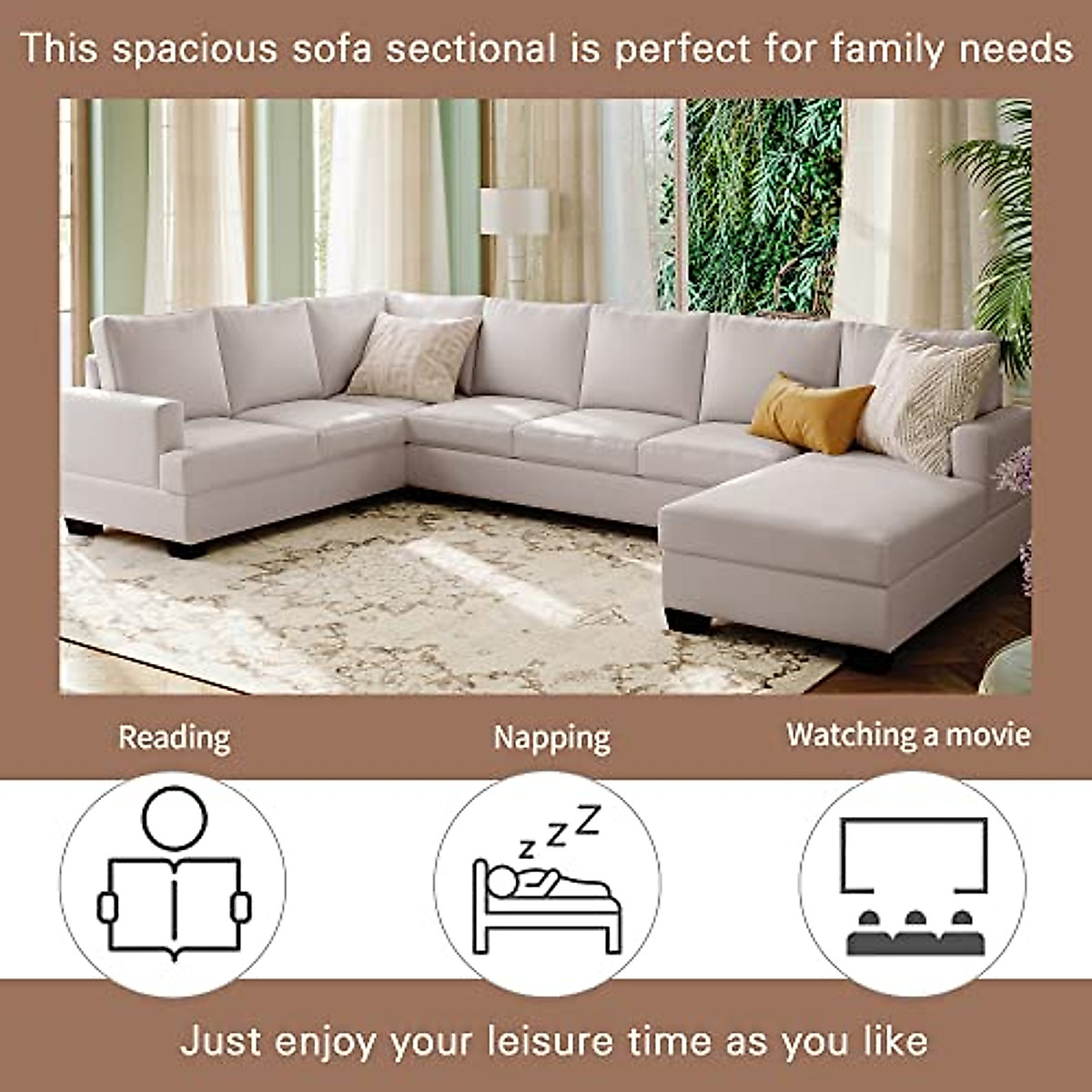 Merax Modern Large Upholstered U-Shape Sectional Sofa, Extra Wide Chaise Lounge Couch for Living Room, Beige