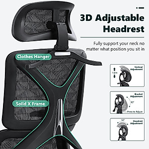 Ergonomic Office Chair, High Back Mesh Executive Chair with Lumbar Support, Adjustable Seat Depth, 3D Armrest & Headrest, Comfy Computer Desk Chair with Metal Base, for Gaming, Hotel, Black