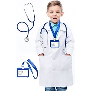 HTVYYDS White Lab Coat for Kids, Doctor Coat with Working Stethoscope and ID Card,Doctor Scientist Costume for Boy Girls