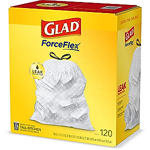 GLAD ForceFlex Tall Drawstring Trash Bags, 13 Gallon White Trash Bags for Tall Kitchen Trash Can, Unscented Leak Protection Bags, 120 Count - Packaging May Vary
