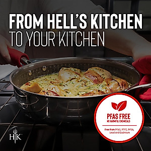 Hell's Kitchen Hybrid 4 Qt Sauté Pan and lid, Tri-Clad Stainless Steel and Nonstick Ceramic, PFAS Free, no PFOA, PTFE, or Teflon, Non Toxic Cookware, Metal Utensil Safe, All Cooktops and Oven Safe