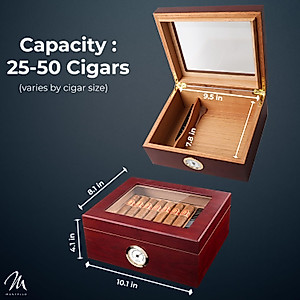 Mantello Glass Top Cigar Humidors - Humidor Cigar Box with Humidifier, Spanish Cedar Tray, Divider, and Hygrometer - Gifts for Men, Holds 25 to 50 Cigars