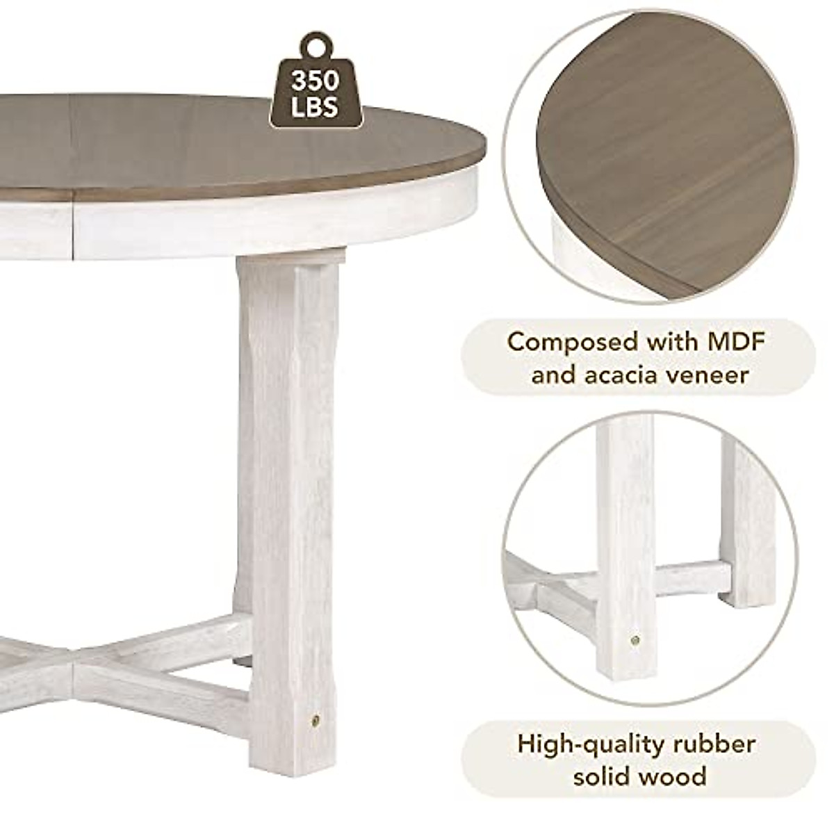 Goozio 5-Piece Dining Table Sets for 4,Including Two-Size Round to Oval Extendable Butterfly Leaf Wood Tabletop and 4 Upholstered Chairs with Armrests for Home&Kitchen DiningRoom, Brown+White