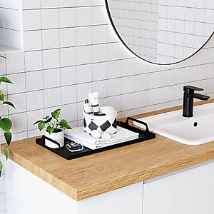 HORIAMIT Coffee Table Tray, Serving Tray Snack Tray Rectangle Black Metal Tray with Handles 16.7x9.5 inches, Vanity Tray Bathroom Organizer Kitchen Tray for Counter