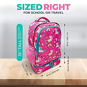 Unicorn Backpack with Lunch Box for Girls, Cute 15” Girl Backpacks and Integrated Lunch Bag with Water Bottle Pocket Holder, Insulated Padded Travel Bags Boxes for Elementary School Kids, Pink Teal