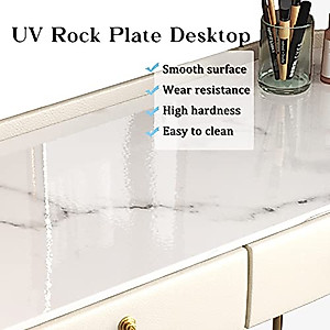 Makeup Vanity Table with Lighted Mirror and Velvet Chair, Large Vanity Desk, Bedroom Dressing Table, Marble Look Table Top, Gold Metal Legs (Color : White-120cm/47.2inch)
