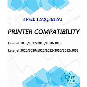 (3-Pack, Black) Compatible 12A Q2612A Toner Cartridge 2612A Used for HP Laserjet Laserjet Pro 1010 1012 1018 1020 1022 1022n 3015 3030 3050 3052 3055 M1319F Printer, by EasyPrint