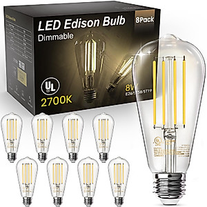 TJOY 8 Pack Edison LED Bulbs 60W Equivalent, Dimmable Vintage Light Bulbs, High Brightness 2700K Warm White, E26 Medium Base ST58, 8W, 800LM, 80+ CRI, Antique Decorative Filament Bulb, Clear Glass