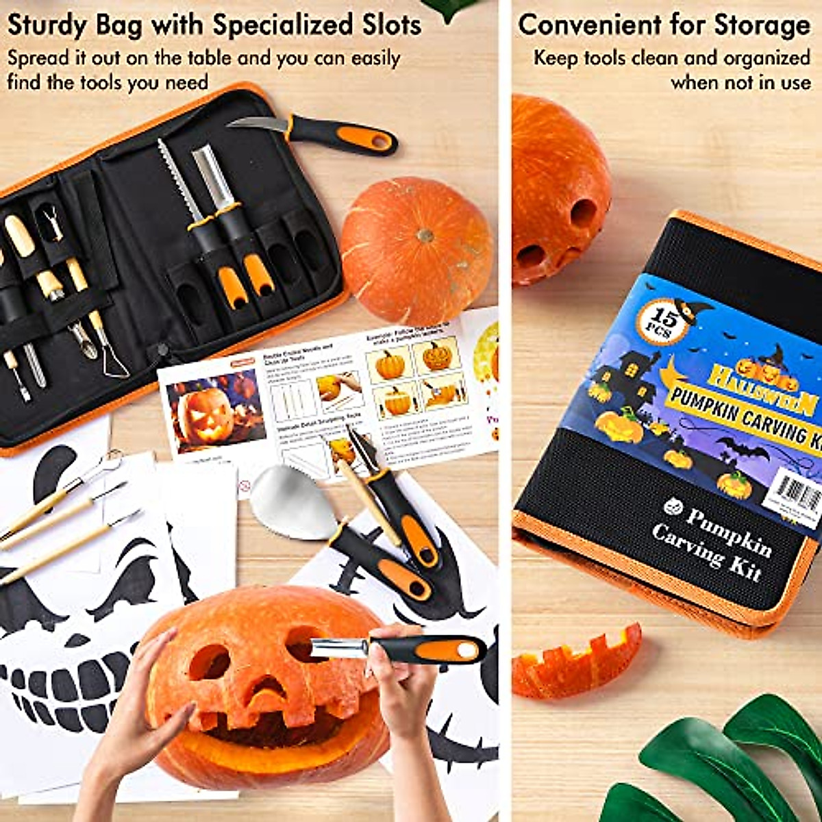 25 PCS Halloween Pumpkin Carving Kit, Shuttle Art 15 PCS Professional Premium Quality Stainless Steel Pumpkin Carving Tools with 10 Pumpkin Stencils Carrying Case for Kids Adults Sculpting and Carving