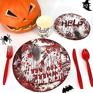 Bloody Good Time Party Tableware Set Halloween Zombie Skull Bloody Party Table Decorations Halloween Party Supplies Table Decorations Paper Plates Napkins Forks for 24 Guests(96 Pcs )