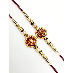 Rakhi Traditional for Brother Sister, Multi Color Beautiful & Fancy Designer Thread Raksha Bandhan Rakhi Gift (Design1 - Flower OM Rakhi Set of 2, Small)
