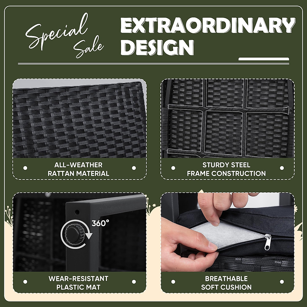 Devoko 3 Piece Patio Outdoor Furniture Set Wicker Table and Chairs Set for Balcony Porch Bistro