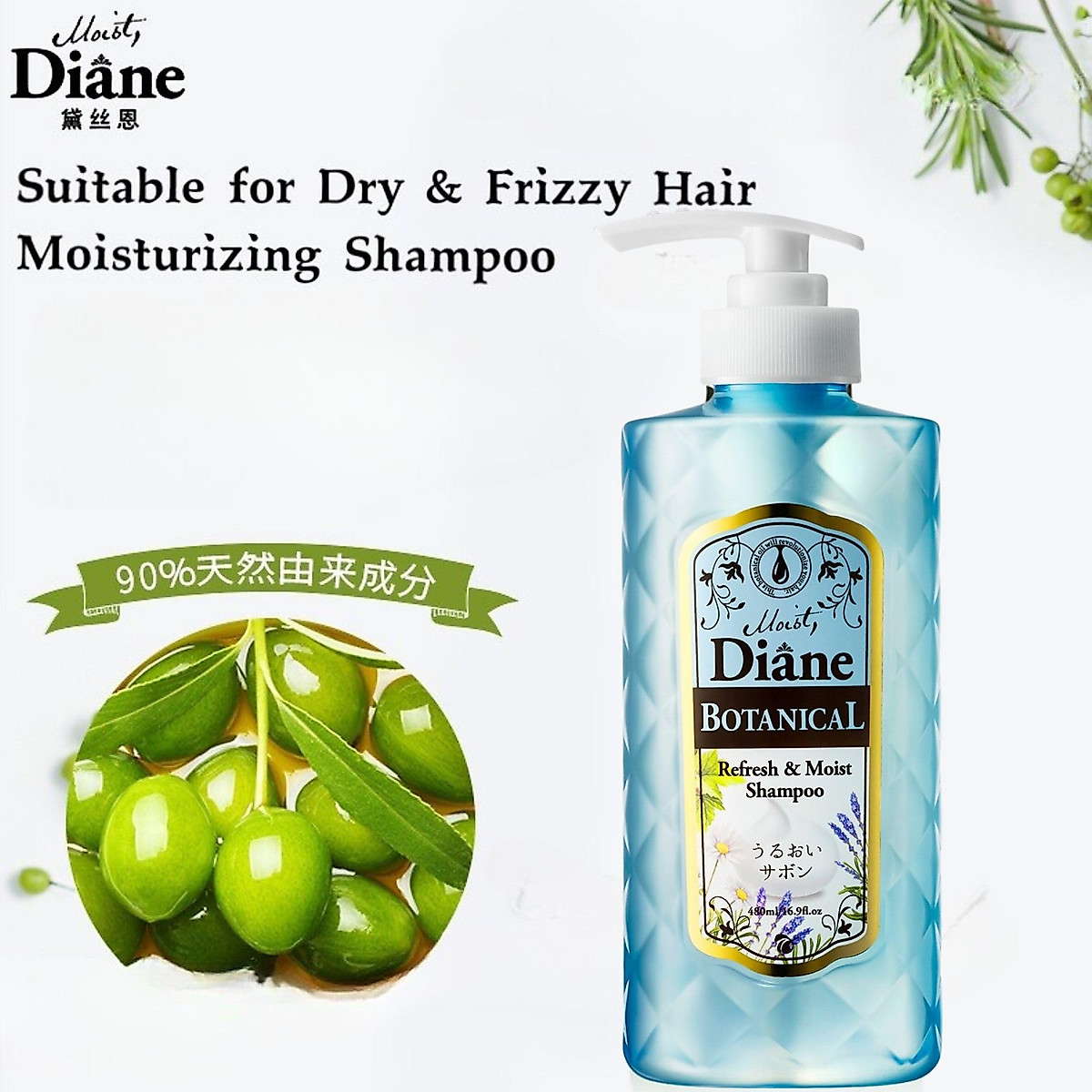 Moist Diane Natural & Organic Moisturizing Hair & Scalp Shampoo with Pump for Women & Men for Dry & Damaged Hair, Japanese Hydrating Botanical Refresh & Moist Haircare Products, 16.2 Fl Oz/480ml
