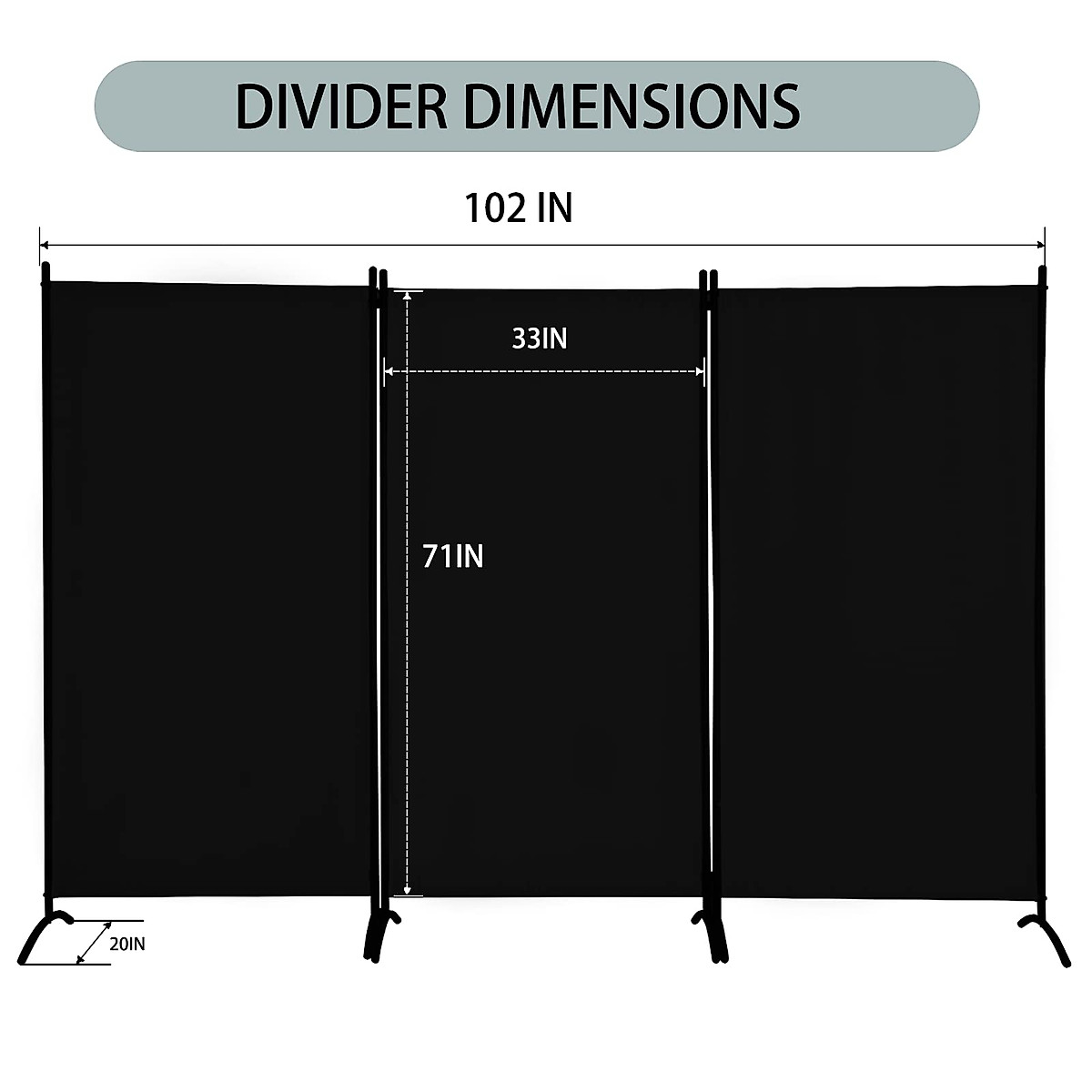 Room Divider 3-Panel Privacy Screen, Portable Screen Steel Frame with Hook&Loop for Home, Office, Classroom, Studio, Meeting Black