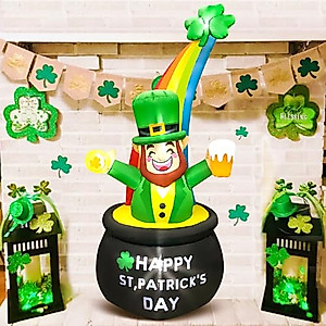KOOY 8FT St Patricks Day Inflatables Outdoor Decorations,Inflatable Leprechaun in Pot of Gold with Rainbow Blow up Yard Decorations,St Patrick Decorations for Yard Holiday Party Garden Lawn Décor