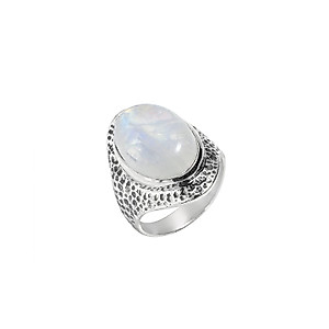 YoTreasure Rainbow Moonstone 925 Sterling Silver Hammered Bold Ring
