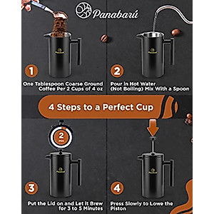 Panabaru French Press Coffee Maker 34oz Double-Wall Insulated Stainless Steel replacement filter included Tea Espresso and cold brew