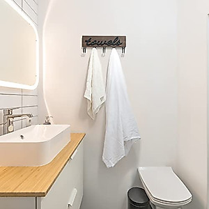 Mkono Towel Holder Wall Mounted Towel Rack Bathroom Decor Rustic Wood Towel Hooks to Hang Towels Bathrobe Robe Coat Clothing, 12.6" x 5.2" Bath Towel Hanger Storage Home Decor Organizer