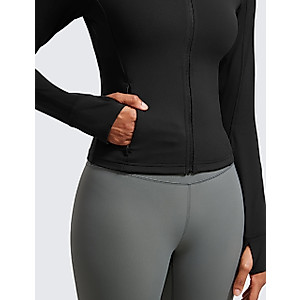 CRZ YOGA Butterluxe Womens Cropped Slim Fit Workout Jackets - Weightless Track Athletic Full Zip Jacket with Thumb Holes Black Small