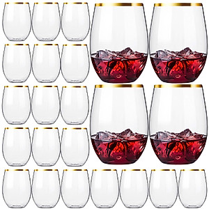 eventpartener 20 Pack Disposable Stemless Wine Glasses, 16 OZ Plastic Wine Cups, Gold Rim Unbreakable Wine Glasses, Whiskey Cocktail Glasses, Shatterproof Clear Drinking Glasses for Party, Wedding