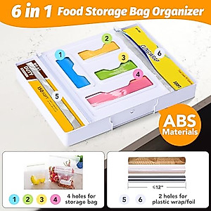 CiWiVOKi Expandable Storage Bag Organizer for Kitchen Drawer, 6 in 1 Foil and Plastic Wrap Dispenser with Cutter, Plastic Organization and Storage for Sandwich Gallon Quart Snack Bags, 3.2"High, White