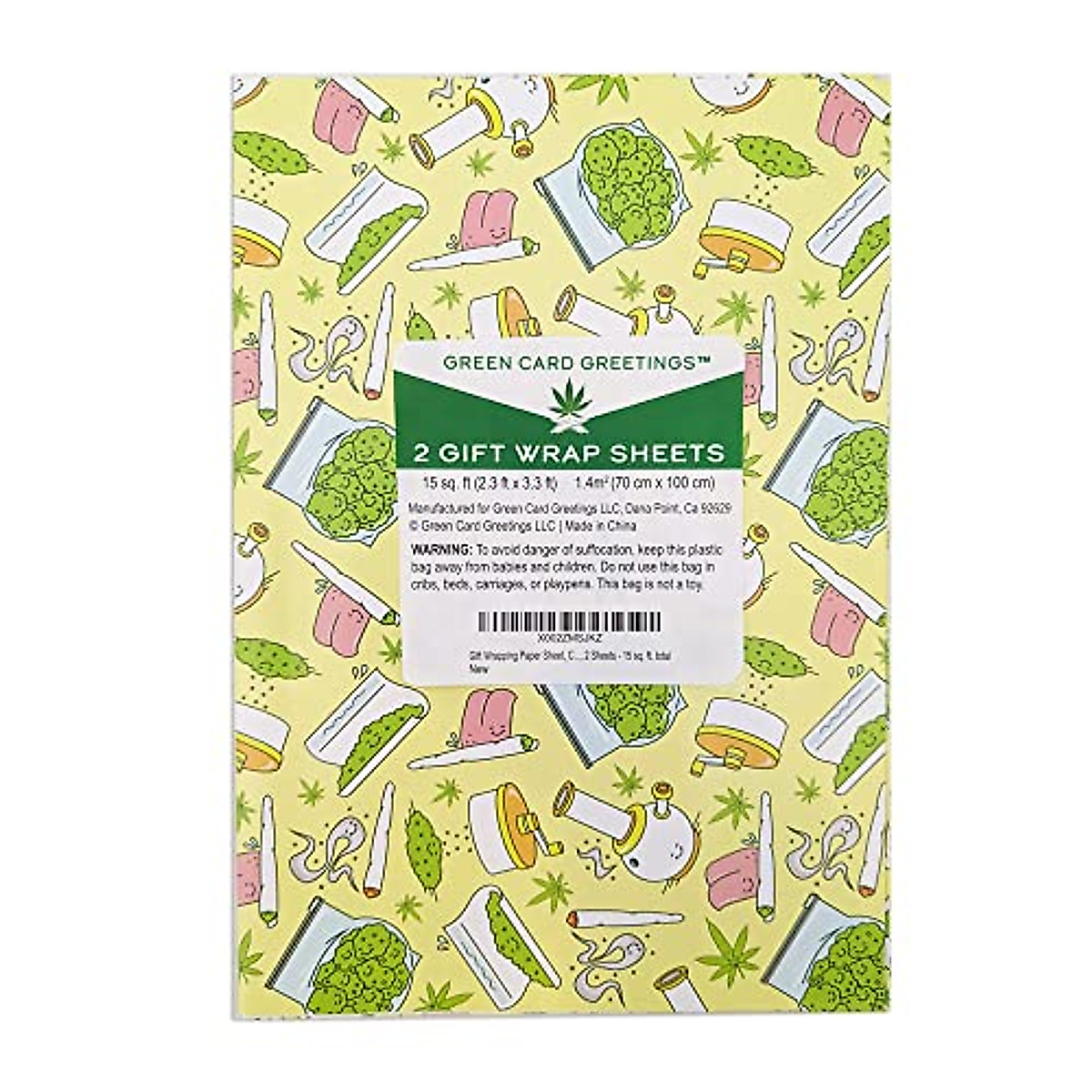 Green Card Greetings Gift Wrapping Paper Sheet, Colorful Hemp Theme, Pipe, Joint Pattern, 2 Sheets - 15 sq. ft. total
