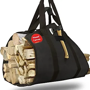 Cupohus Extra Large 2in1 Firewood Carrier Waxed Canvas Bag 44”x23”, Heavy Duty Log Holder Tote Bag with Handles and Shoulder Strap for Indoor Fireplace Wood Stove Accessories, Outdoor Camping (Black)