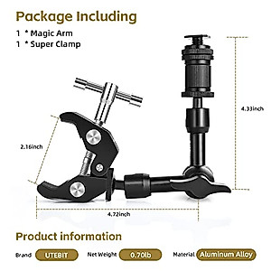UTEBIT 7 inch Articulating Friction Arm with Large Super Crab Clamp and Hot Shoe Mount 1/4" Magic DSLR Tripod Arms Kit for Photography, Video, Camera Rig, LED Light, Flash Light, LCD Monitor