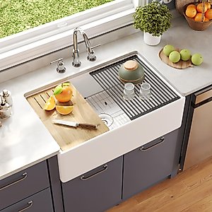 DeerValley 33" White Farmhouse Sink for Kicthen, Fireclay Kitchen Sink - Deep Single Bowl Apron Front Sink with Workstation Accessories