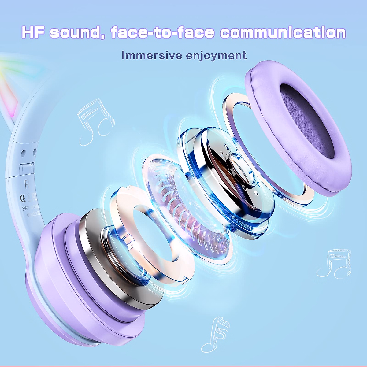 Bluetooth Cat Ear Headphones for Kids & Adults, Wireless & Wired Mode Foldable Headset with Mic - Clear Sound Quality - RGB LED Light, for Girls School Gaming, for Phone/Laptop/PC/Tablet, Purple