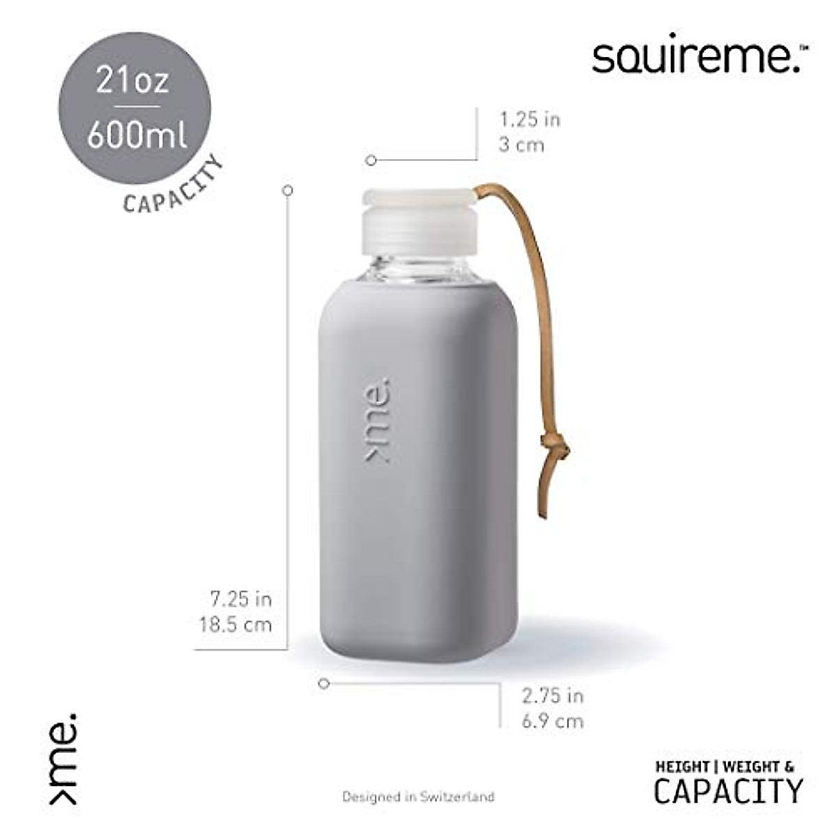 SQUIREME. Y1 Borosilicate Glass Water Bottles, Clear Bottle, Reusable, BPA Free, Tumbler, Dishwasher Safe, Drink Container, Silicone Sleeve, Easy-Off Lid, Hot and Cold Liquid, Concrete Grey 20oz
