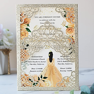 Hosmsua 50PCS 5.1x7.3 Inch Blank Champagne Glitter Quinceanera Invitations Kit Laser Cut Floral Crown Pocket Quinceanera Invitation Cards with Envelopes for Birthday Bridal Shower Quince Invite