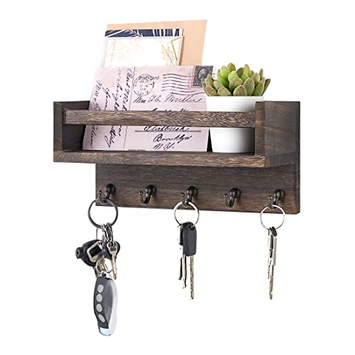 Dahey Key Holder for Wall Decorative, Key and Mail Holder with Floating Shelf Rustic Wooden Key Hanger with 5 Hooks for Entryway, Living Room, Bedroom, Bathroom, Office, Farmhouse Home Decor