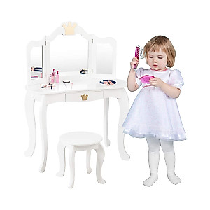 HONEY JOY Kids Vanity, Crown Themed Toddler Dressing Makeup Table and Chair Set w/Drawer & Tri-Folding Mirror, Detachable Mirror, Princess Pretend Play Girls Vanity Set with Mirror and Stool(White)