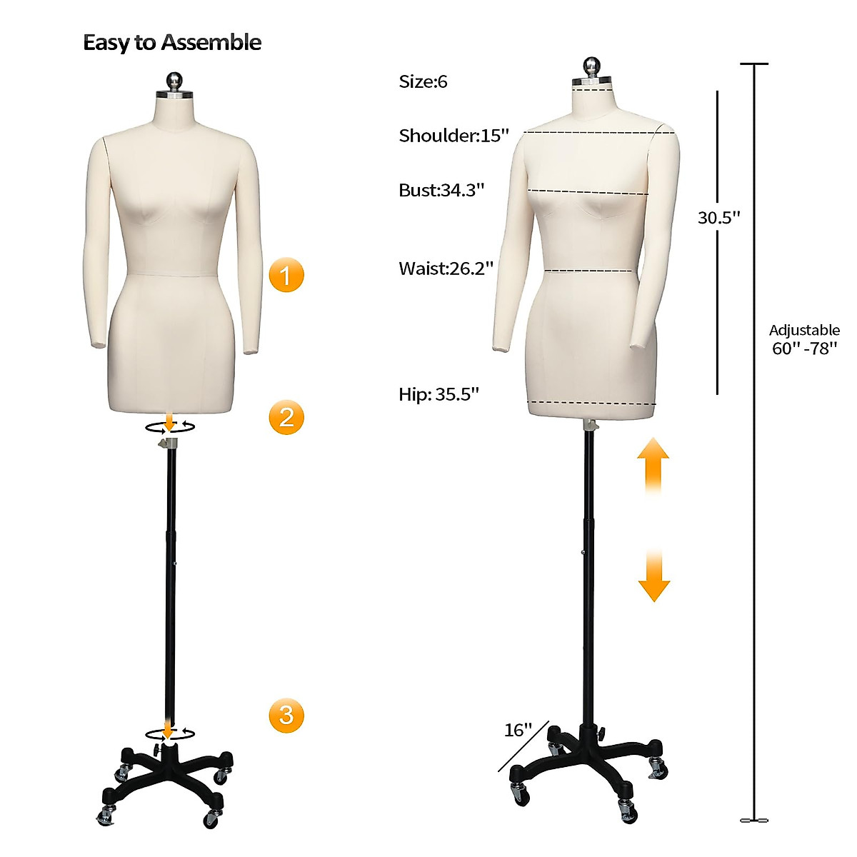 Bonnlo Female Sewing Mannequin, Size 6 Professional Dress Form for Display and Tailor Design, Height Adjustable Torso with Stable Metal Base (with arms, 6)
