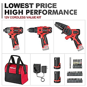 12V Cordless Power Tool Combo Kits, 3-1/2" Brushless Electric Mini Chainsaw, 3/8" Power Drill Driver, 1/4" Impact Driver Set with 2Pcs 2.0Ah Lithium Batteries for Household Projects and DIY (3-Tool)
