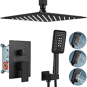 Aolemi Matte Black Shower System Ceiling Mount 12 Inch Rain Shower Head with 3 Functions ABS Handheld Spray Luxury High Pressure Shower Combo Set Rough-in Valve and Shower Trim Included Bathroom