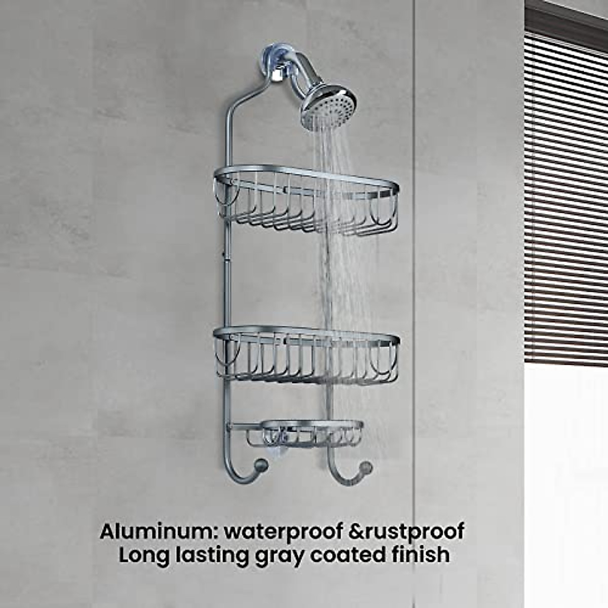 GOODBUY Shower Caddy Over Shower Head, Aluminum Shower Organizer Hanging, Rustproof Shower Rack Shower Shelf Shower Holder for Shampoo and Soap with 2 Wash Cloth Hooks, Gray, 11.8" x 4.7" x 25"
