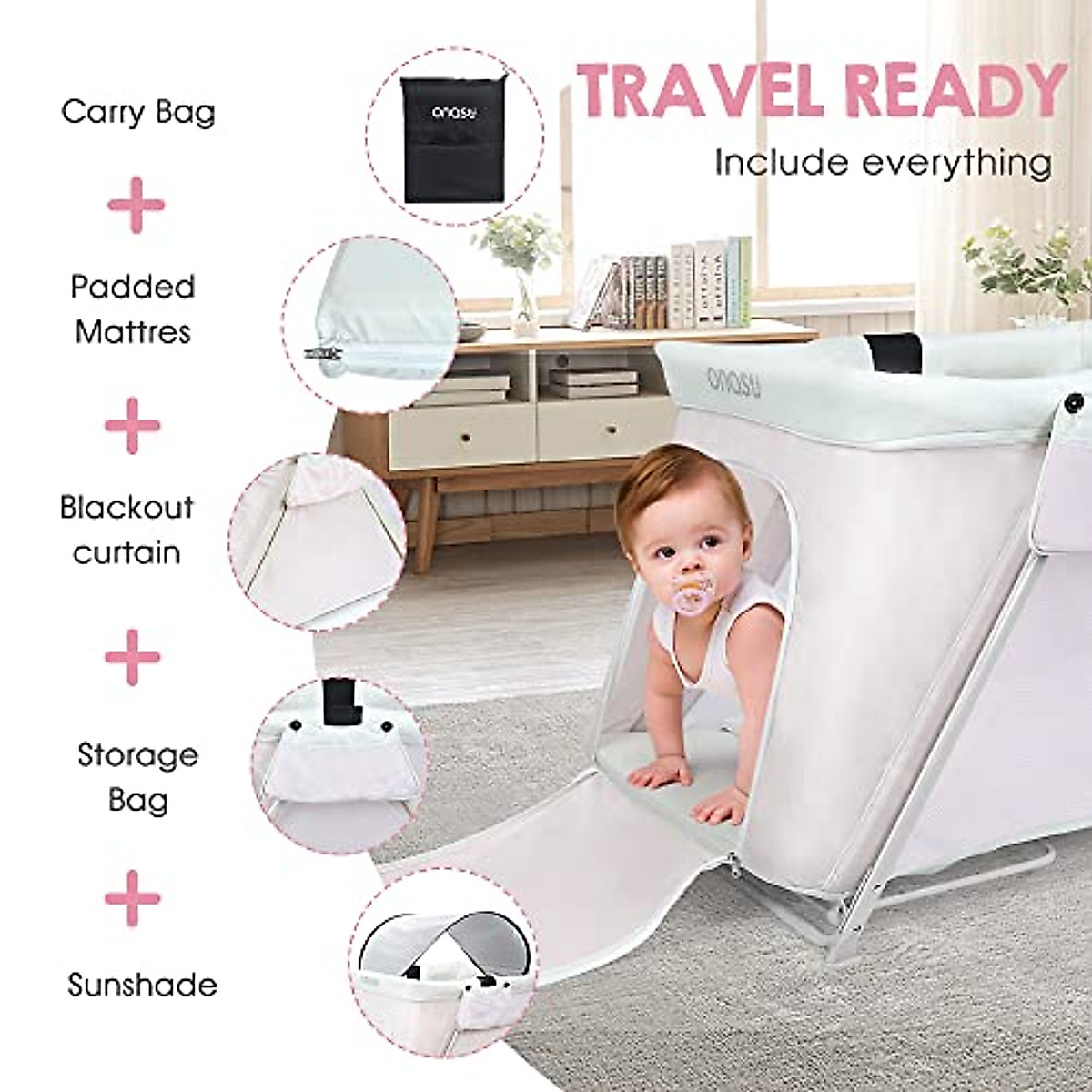 Portable Playard with Bassinet Insert for Babies Activity Indoor Outdoor Onasti Playpen with UPF Sunshade Folding Compact for Family Travel Beach Light Grey Themed