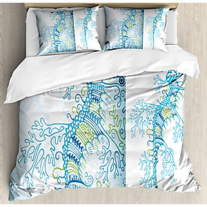 Ambesonne Animal Duvet Cover Sets, Ornamental Seahorse Fish Figure in Soft Colors Submarine Underwater Design, Bedding Set with 2 Duvet Covers 4 Pillowcases, 2 Pack Cal King Size, Blue Green
