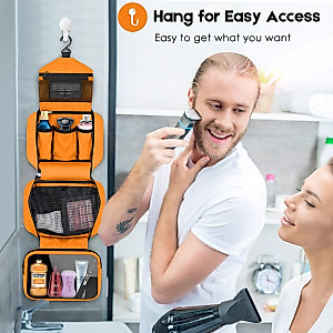 dopobo Travel Toiletry Bag for Women, Dopp Kit for Men, Waterproof Makeup Bag Shaving Bag with Hanging Hook, Portable Toiletry Organizer for Traveling and Camping (Orange)