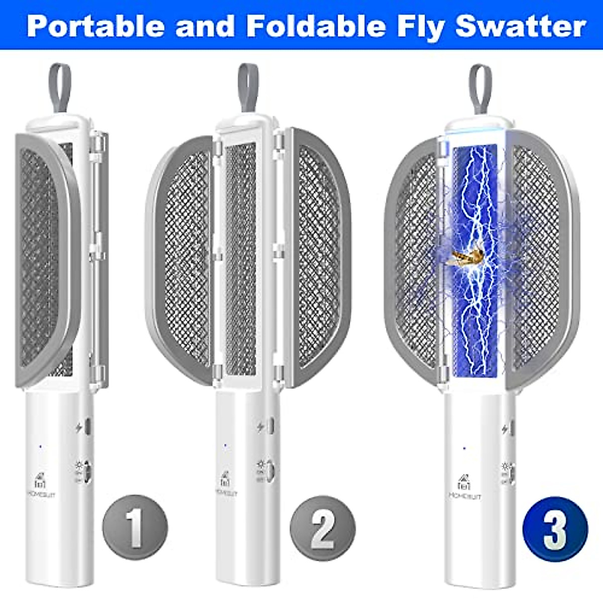 Electric Fly Swatter for Outdoor Indoor, Homesuit 2 in 1 Rechargeable Bug Zapper and Fly Zapper Racket, Powerful 4000V Mosquito Killer & Fly Zapper with 3-Layer Safety Mesh for Home, Travel, Patio