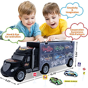 HAENPLE Toddler Toys for 3-5 Year Old Boys,Cars Truck Toys Transport Carrier Set,Valentines Day Gifts for Kids,Die-cast Vehicles Includes 12 Mini Toy Cars Easter Gifts for Kids Boy Age 3-7