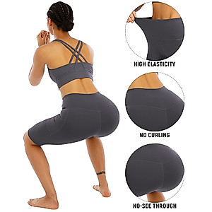 WHOUARE 4 Pack Biker Yoga Shorts with Pockets for Women,High Waisted Athletic Running Workout Gym Shorts Tummy Control,Black,Army Green,Navy,Dark Gray,M