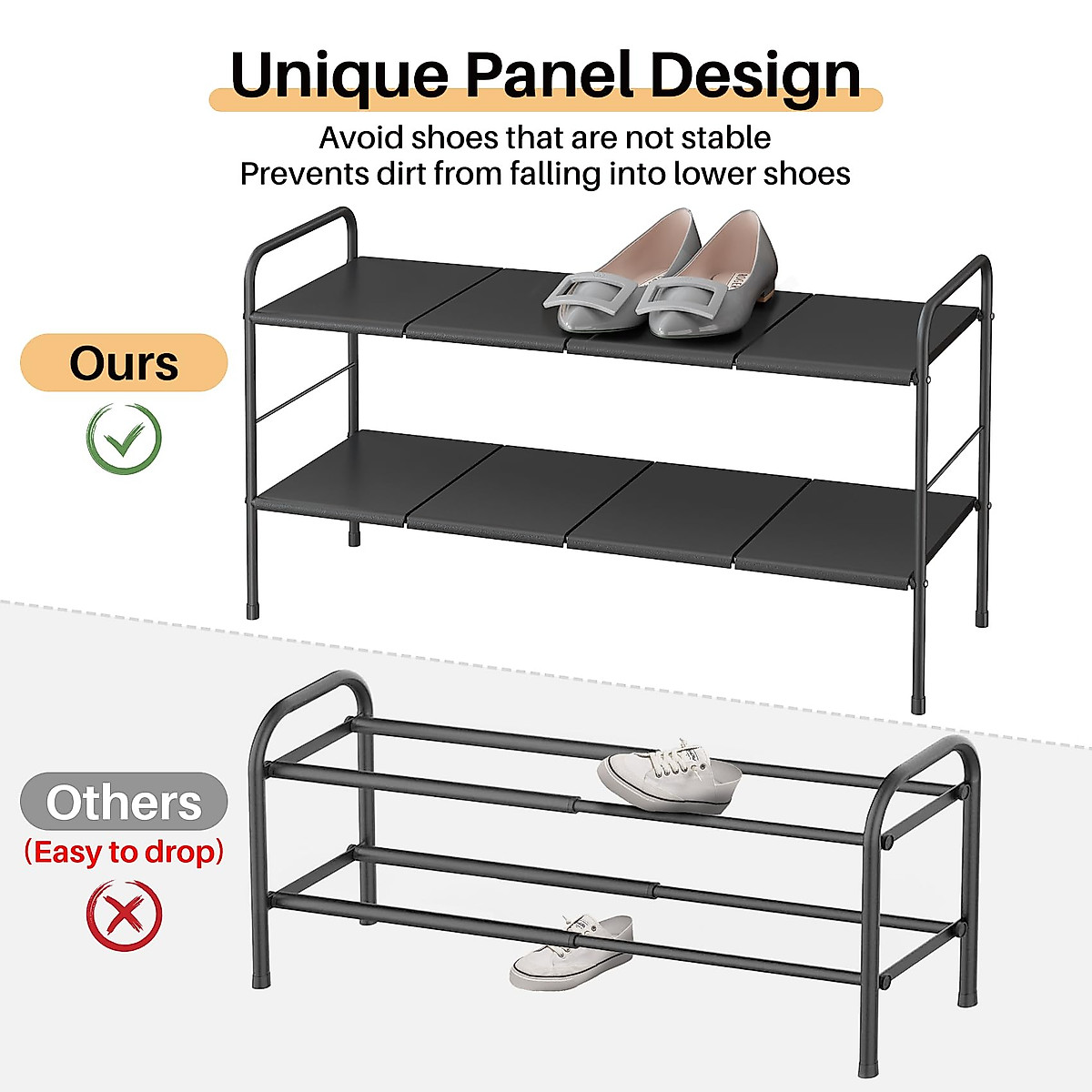 Prevent Soil Detachment Easy to Clean Expandable Shoe Rack, 2 Tier Adjustable Metal Small Shoe Rack for Closet Door Entrance,Shoe Storage Shelves Shoe Racks Organizer for Entryway,Garage,Hallway
