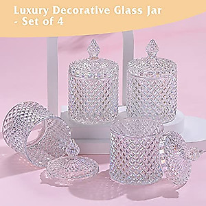 LUXETA Multi-Use Luxury Glass Apothecary Jars Embossed Candle Making Containers with Lids Home Décor Organizer for Vanity Kitchen Living Bathrooms Candy jar Decorative Votive Holders.4 Pcs -10 oz.