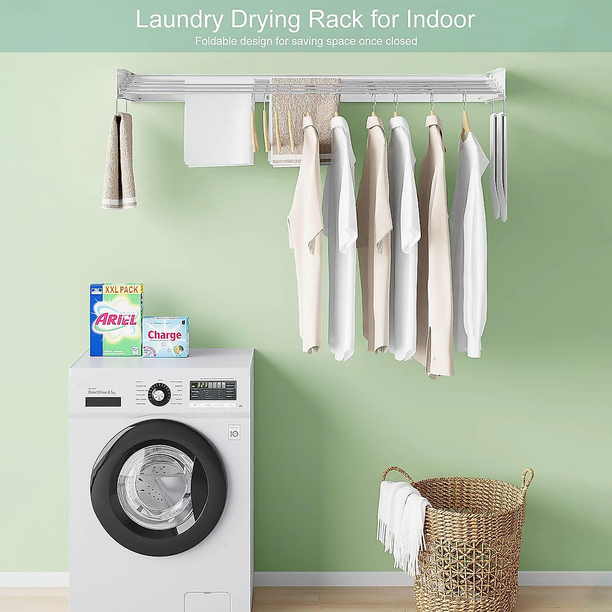 Wall Mounted Drying Rack, Laundry Drying Rack Collapsible, Clothes Drying Rack, Towel Drying Rack for Indoor & Outdoor with Wall Template & 5 Rods, 60 lb Capacity, 31.5” Wide, 13.5 Linear Ft, White